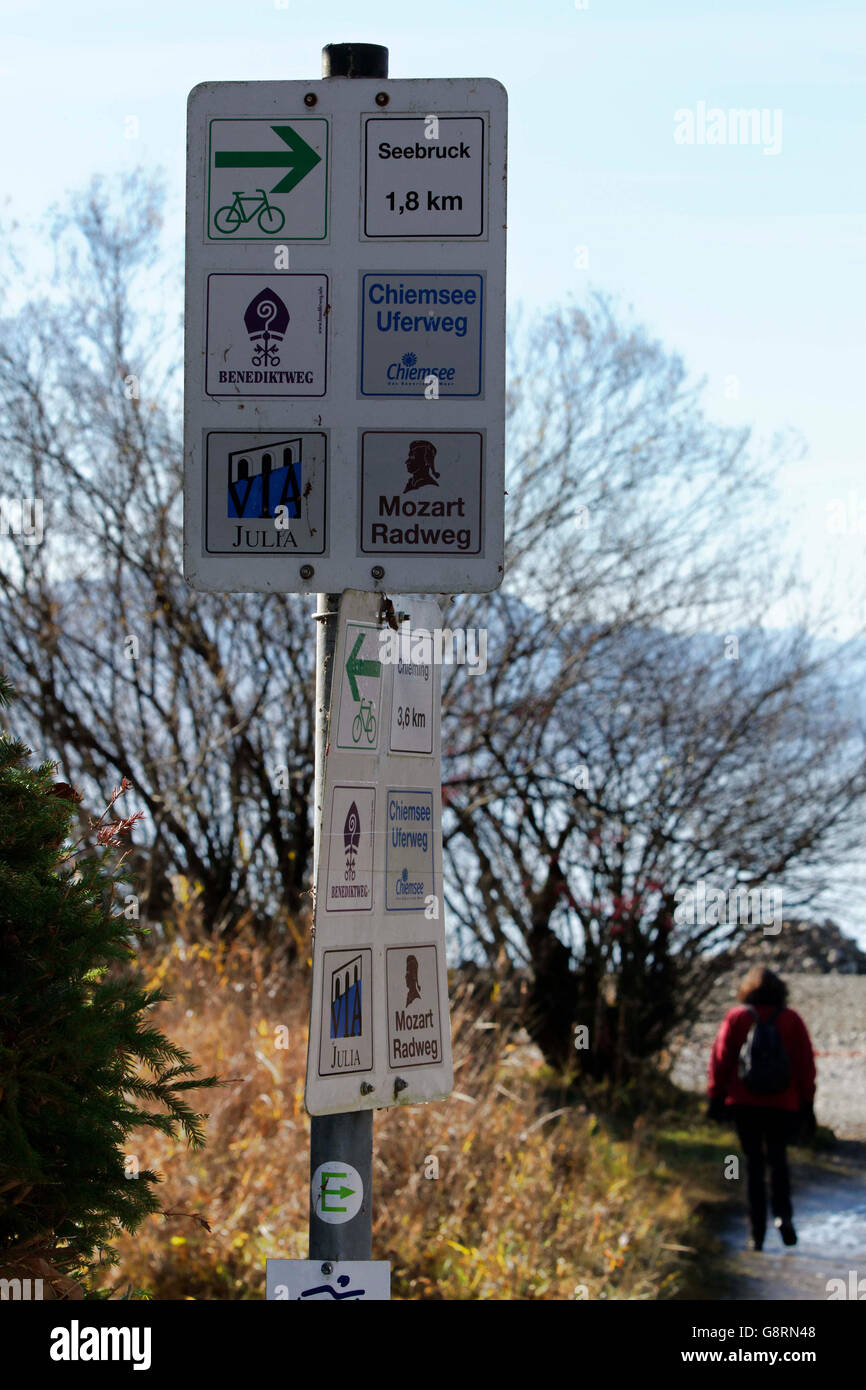 Information sign post, Chiemsee Chiemgau Upper Bavaria Germany Europe ...
