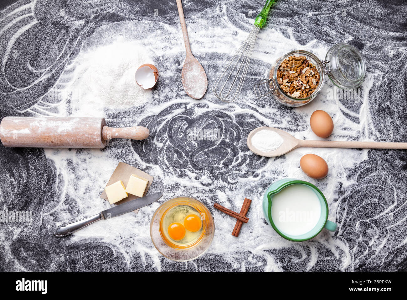 Baking and cooking concept, variety of ingredients and utensils with ...