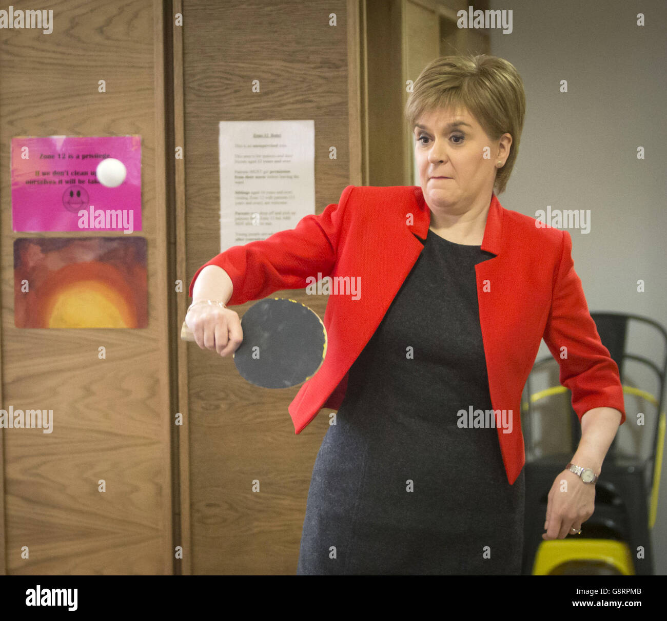 First Minister Nicola Sturgeon plays table tennis during a visit to the ...