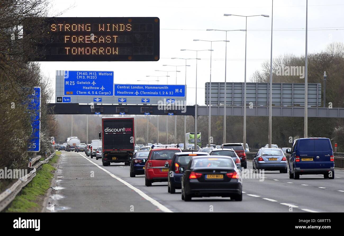 A matrix sign warns motorists on the M4 motorway about high winds ...