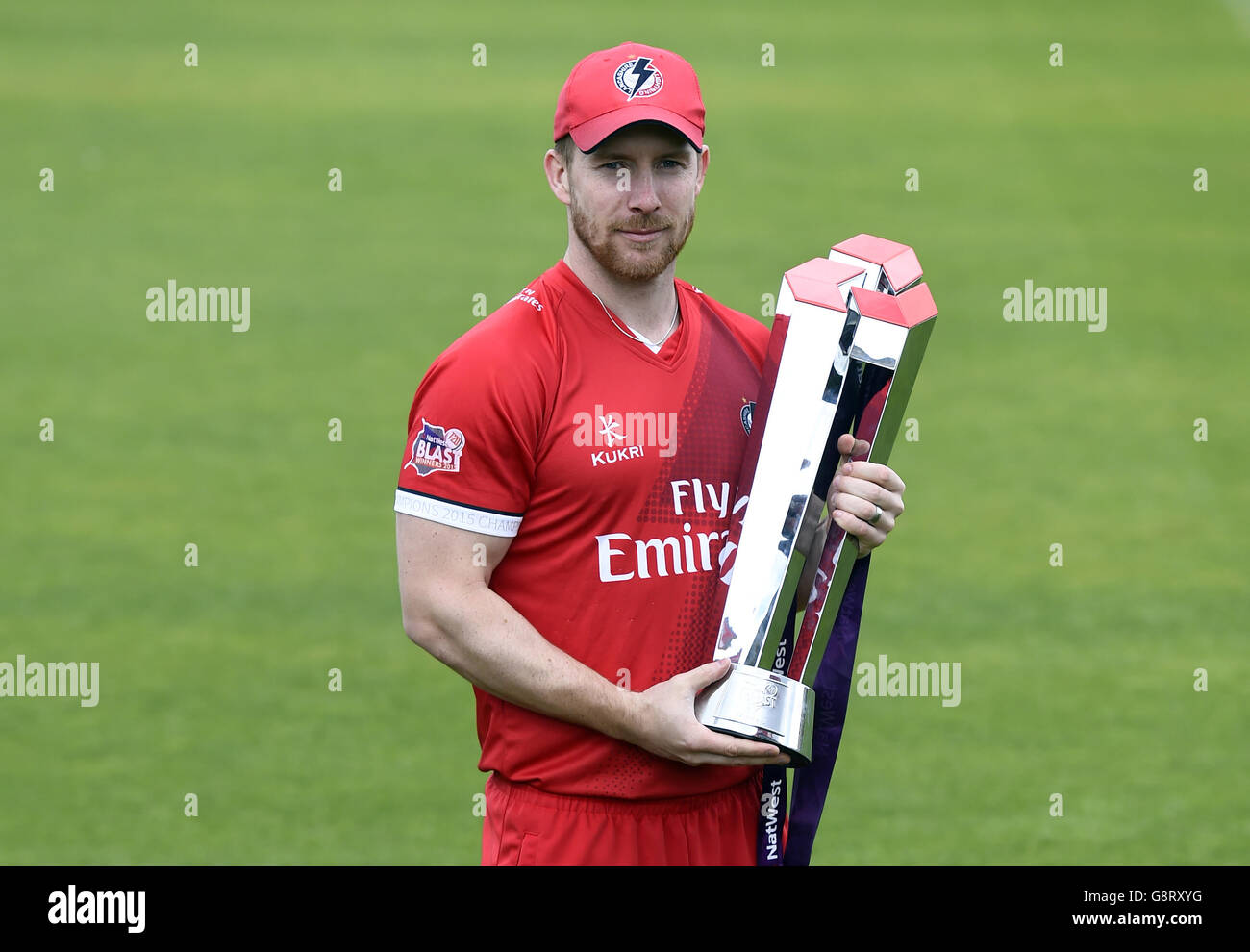 Lancashire's Steven Croft holds the Natwest T20 Blast Trophy, during ...