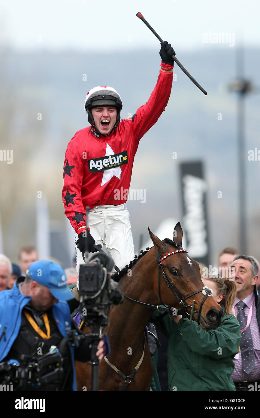 Jockey Ryan Hatch celebrates after a winning ride on Blaklion in the ...