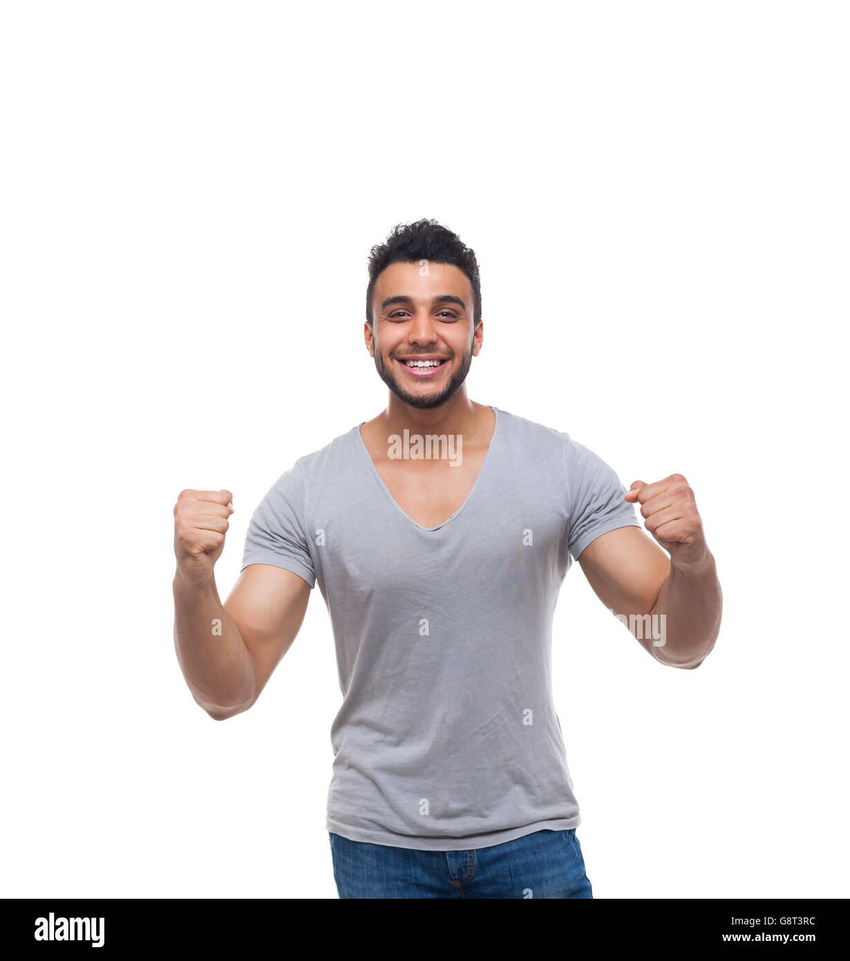 Casual Man Excited Hand Gesture Happy Smile Stock Photo - Alamy