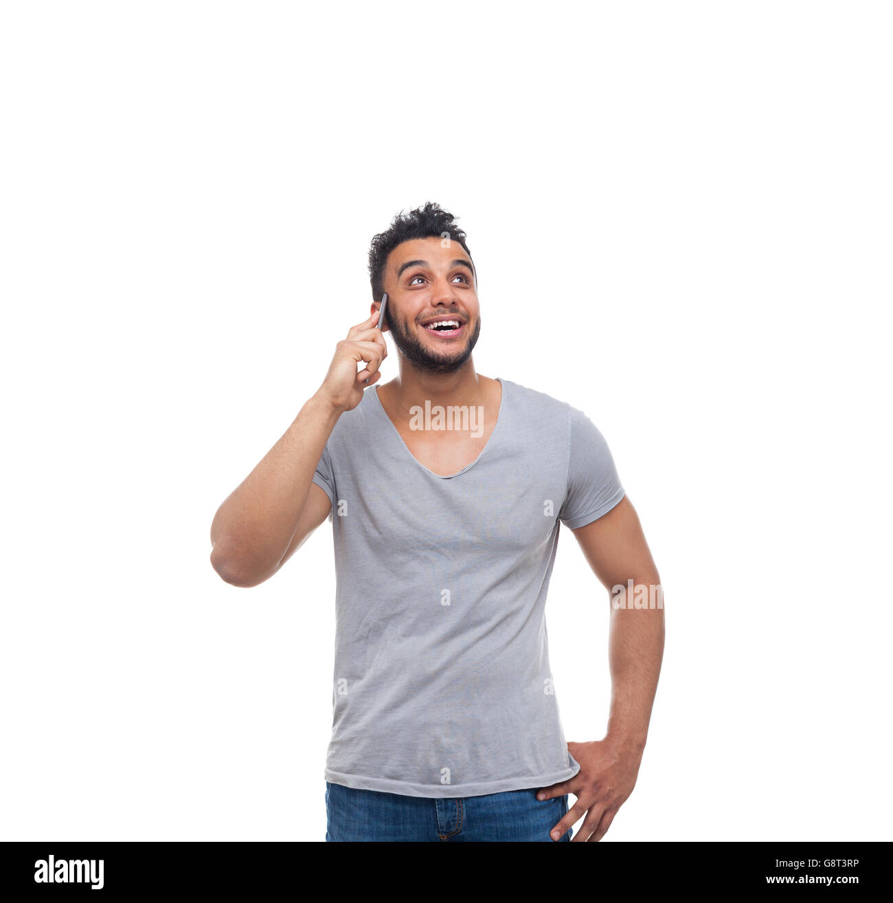 Casual Man Cell Smart Phone Call Look Up Stock Photo - Alamy