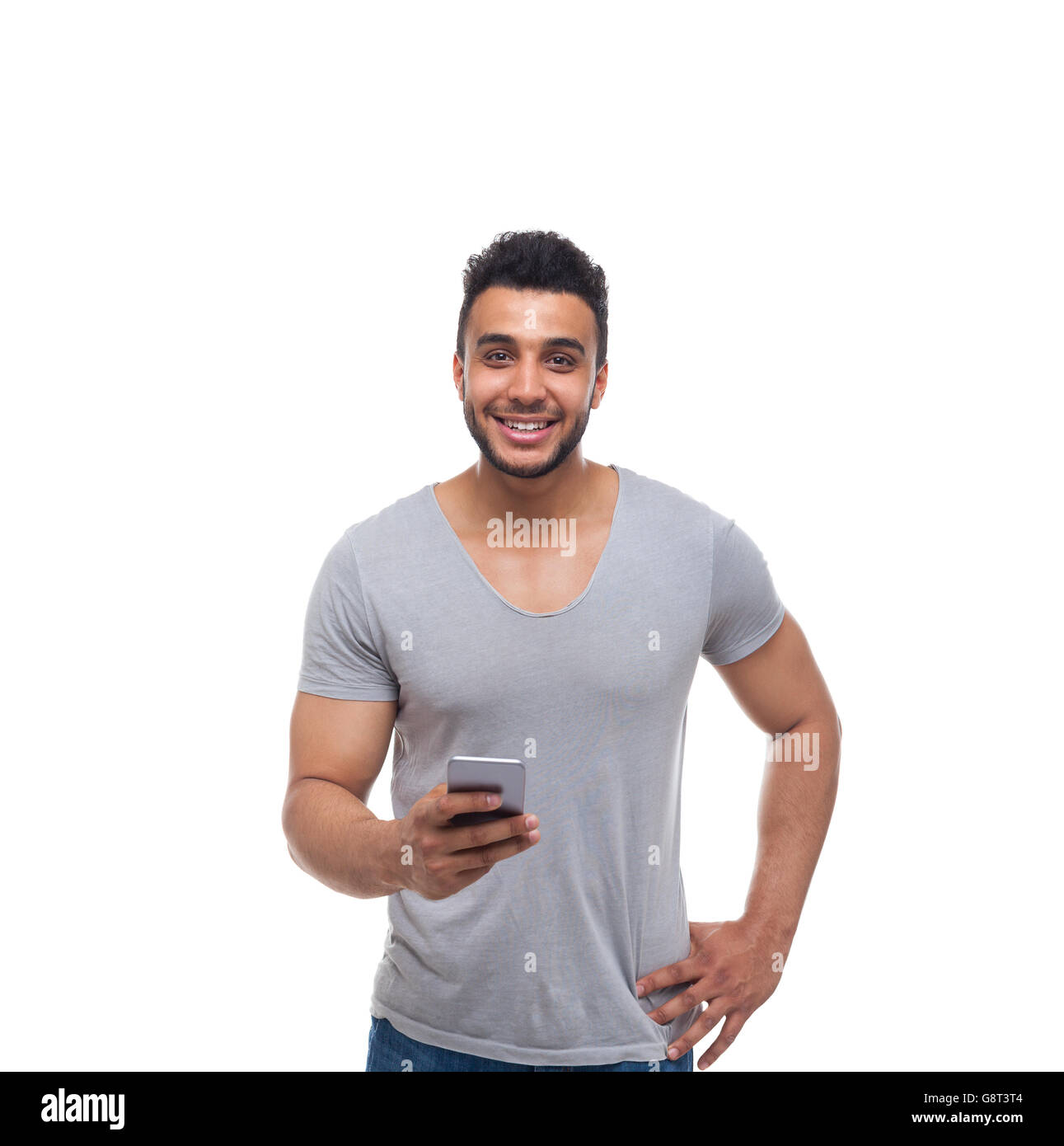 Casual Man Using Cell Smart Phone Smile Stock Photo - Alamy