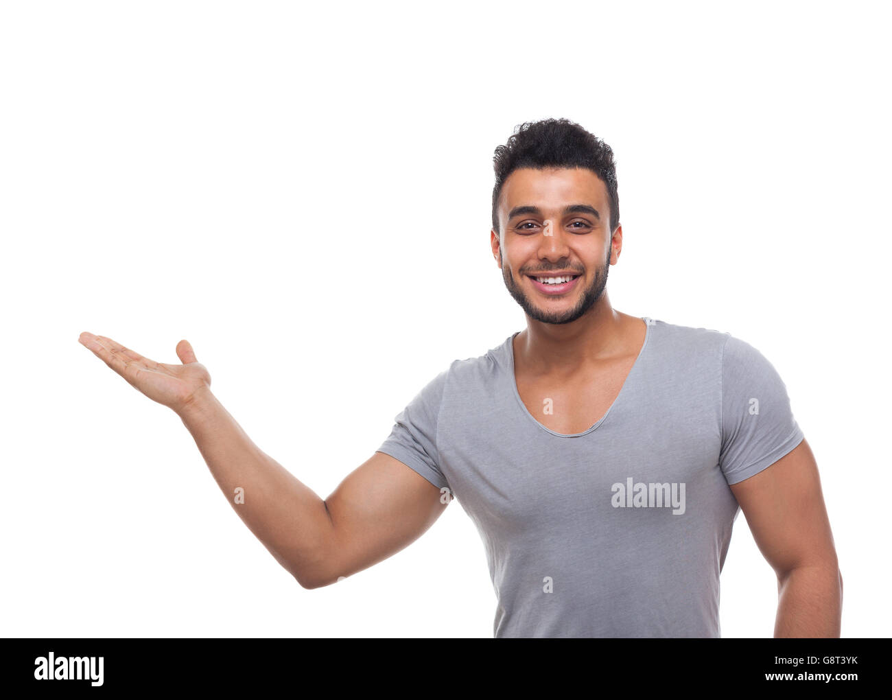 Young hispanic man open palm Cut Out Stock Images & Pictures - Alamy