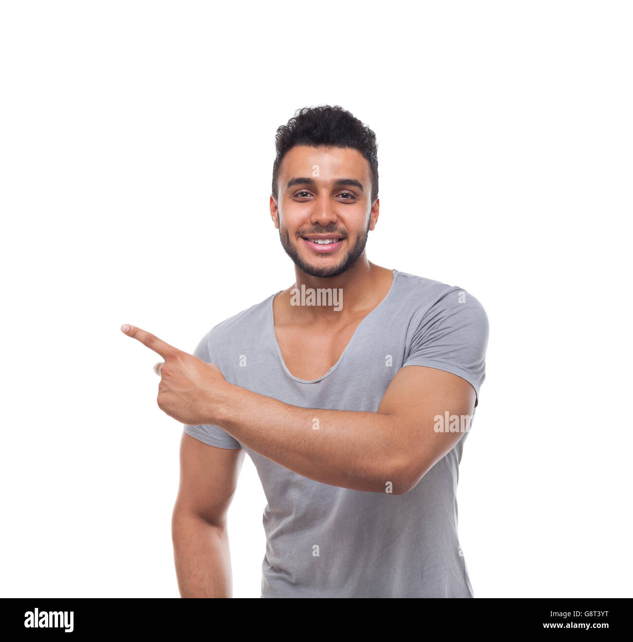 Casual Handsome Man Point Finger At Corner To Copy Space Stock Photo ...
