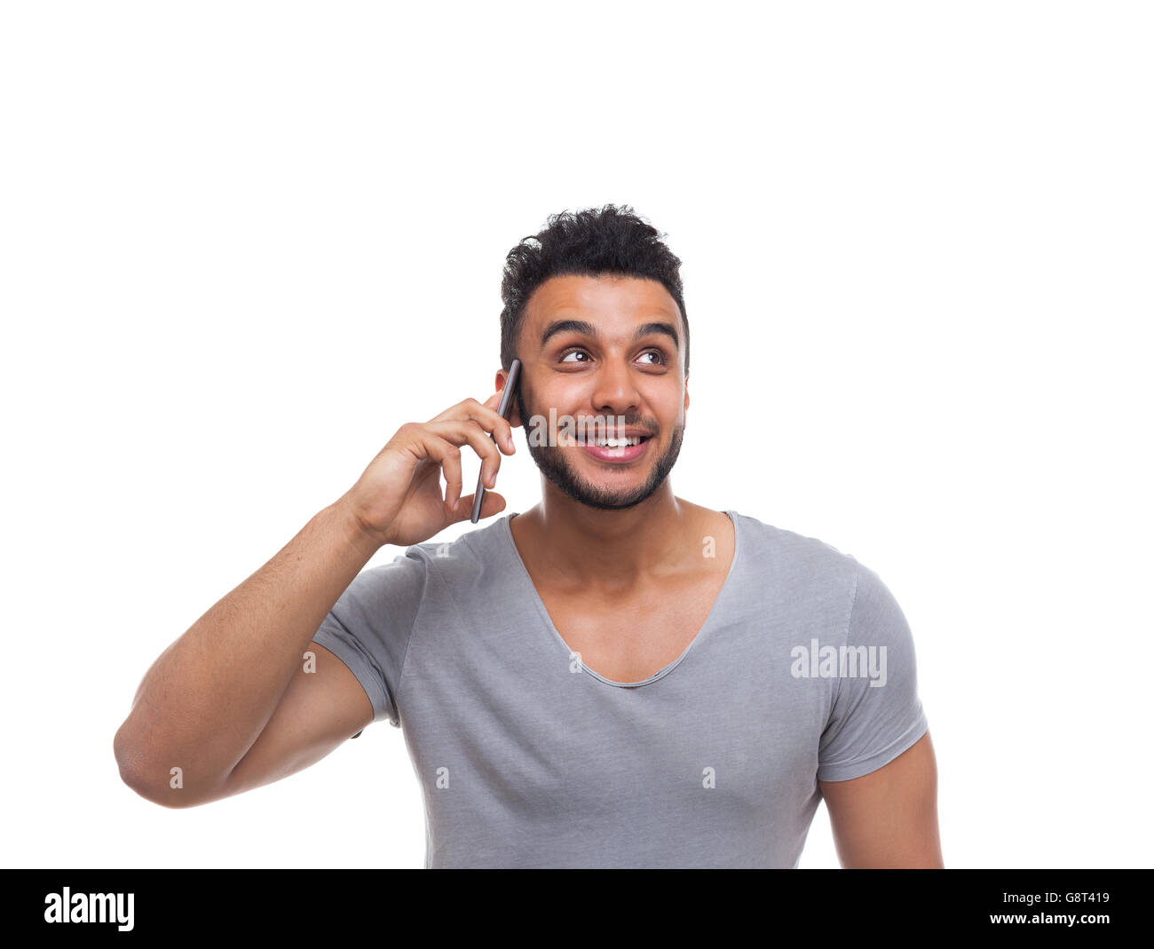 Casual Man Cell Smart Phone Call Look Up Stock Photo - Alamy