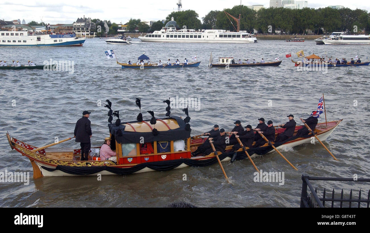 A black drapped barge that reresents the Funeral barge of Lord Nelson ...