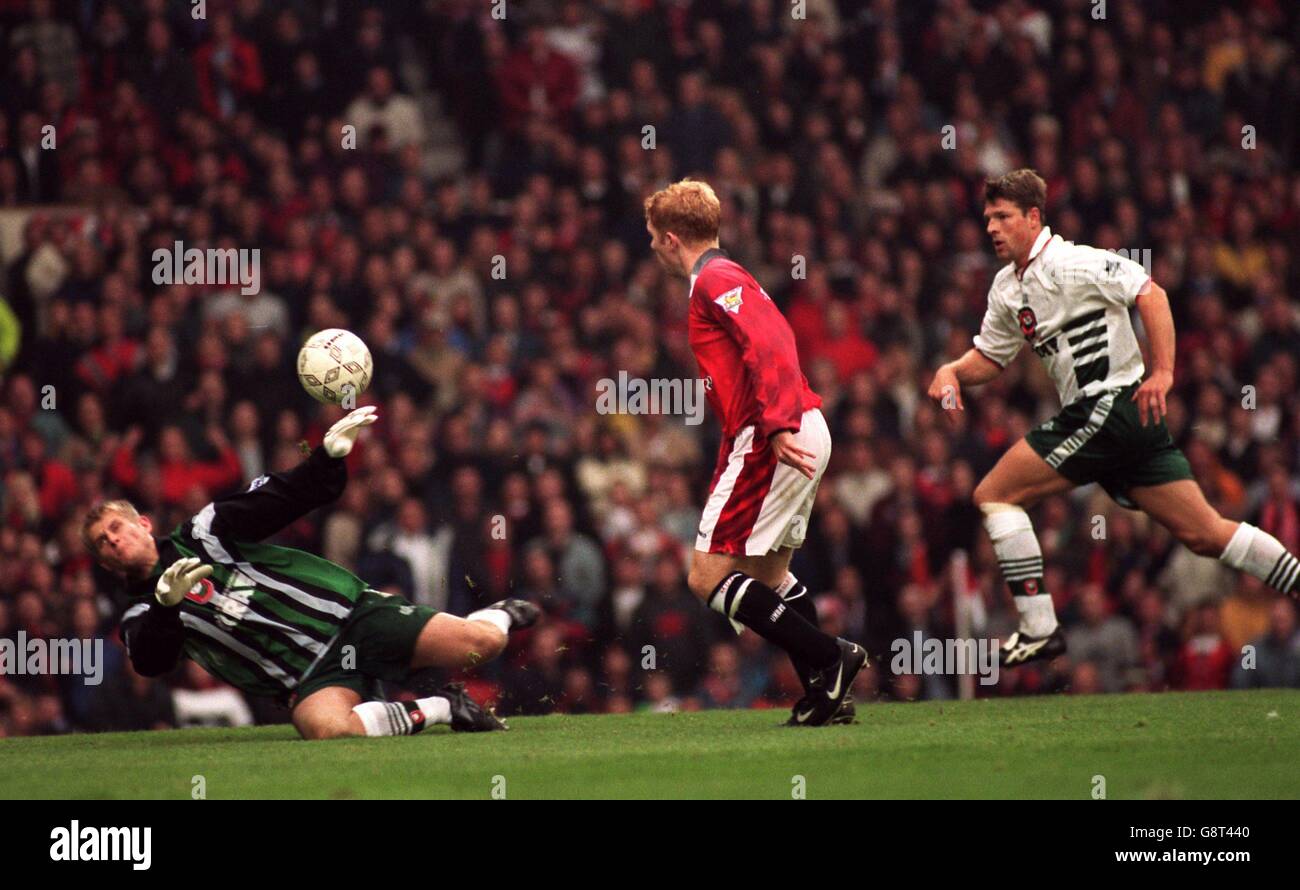 Group action full red white goal right left football hi-res stock ...