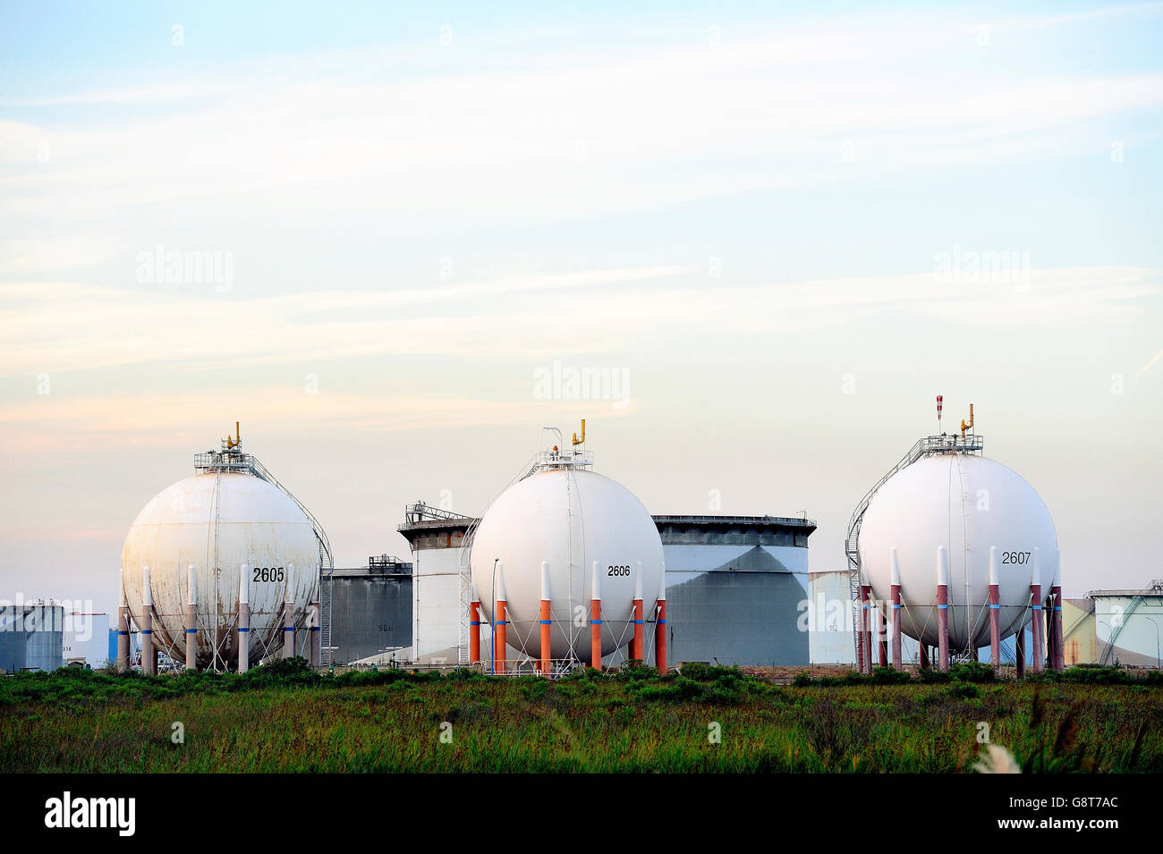 French oil refinery in Fos on sea beside Marseille. Tanks of storage ...