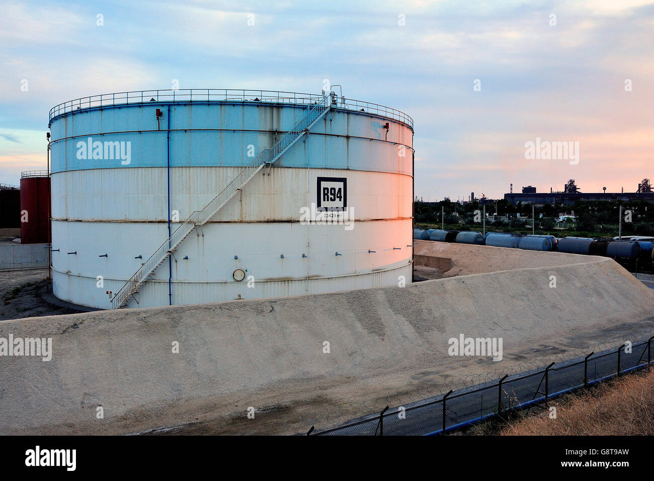 French oil refinery in Fos on sea beside Marseille. Tanks of storage ...