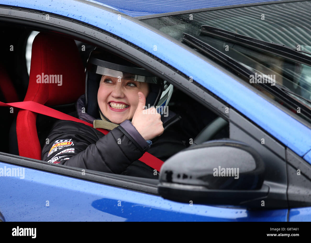 Scottish Conservative leader Ruth Davidson sits in a blue car at ...