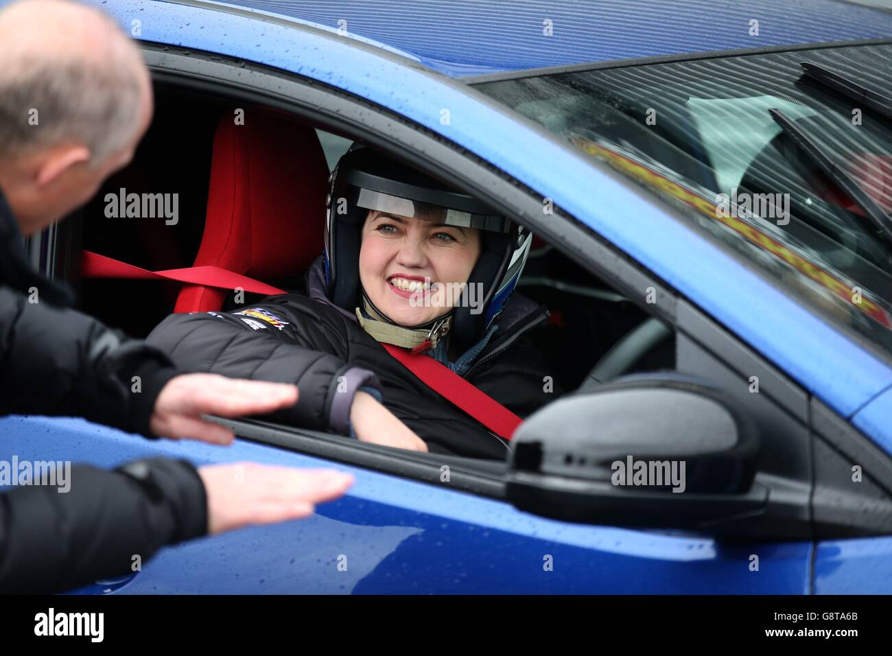 Scottish Conservative leader Ruth Davidson sits in a blue car at ...