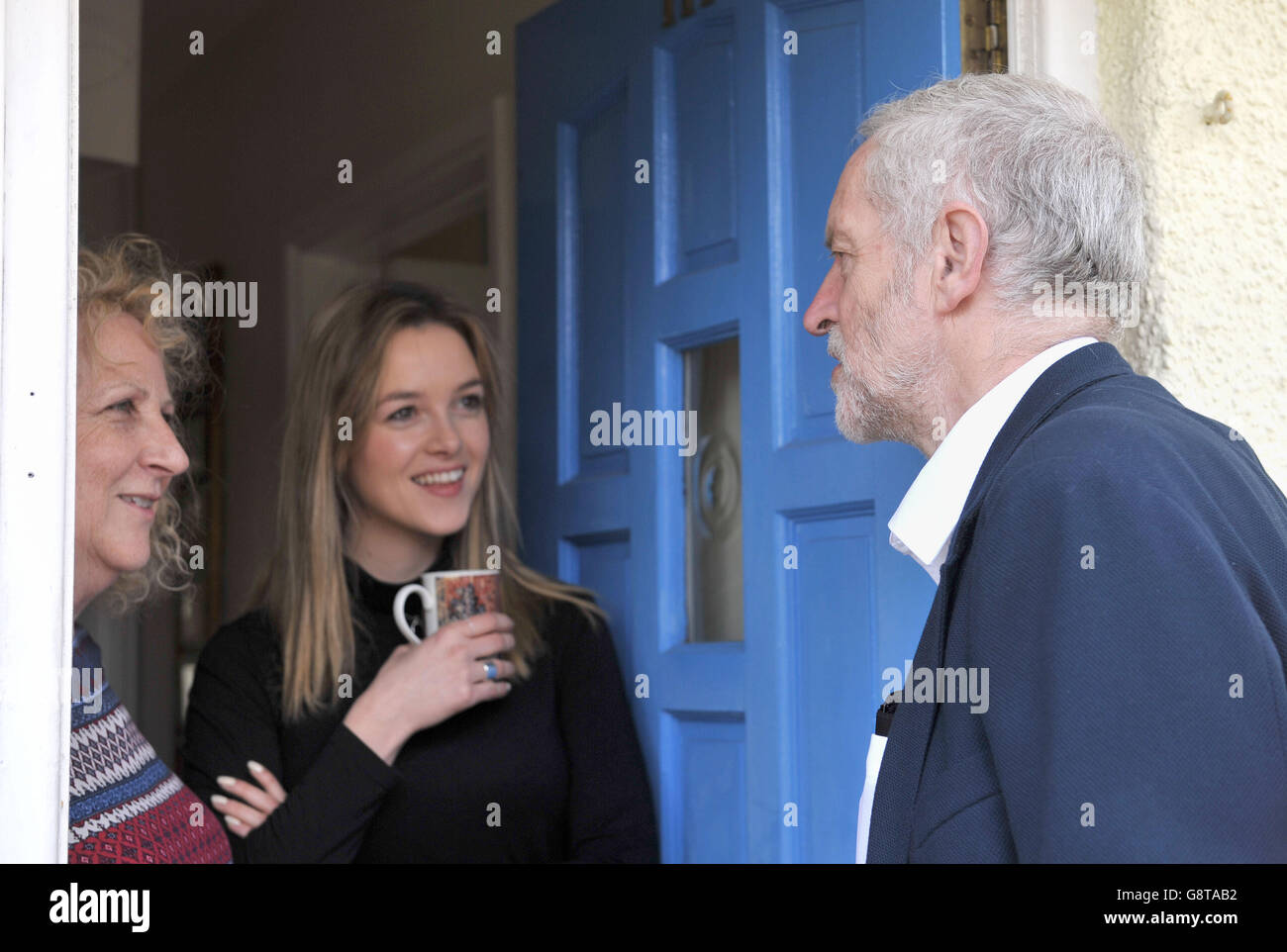 Jeremy Corbyn, leader of the Labour Party, speaks with local residents ...