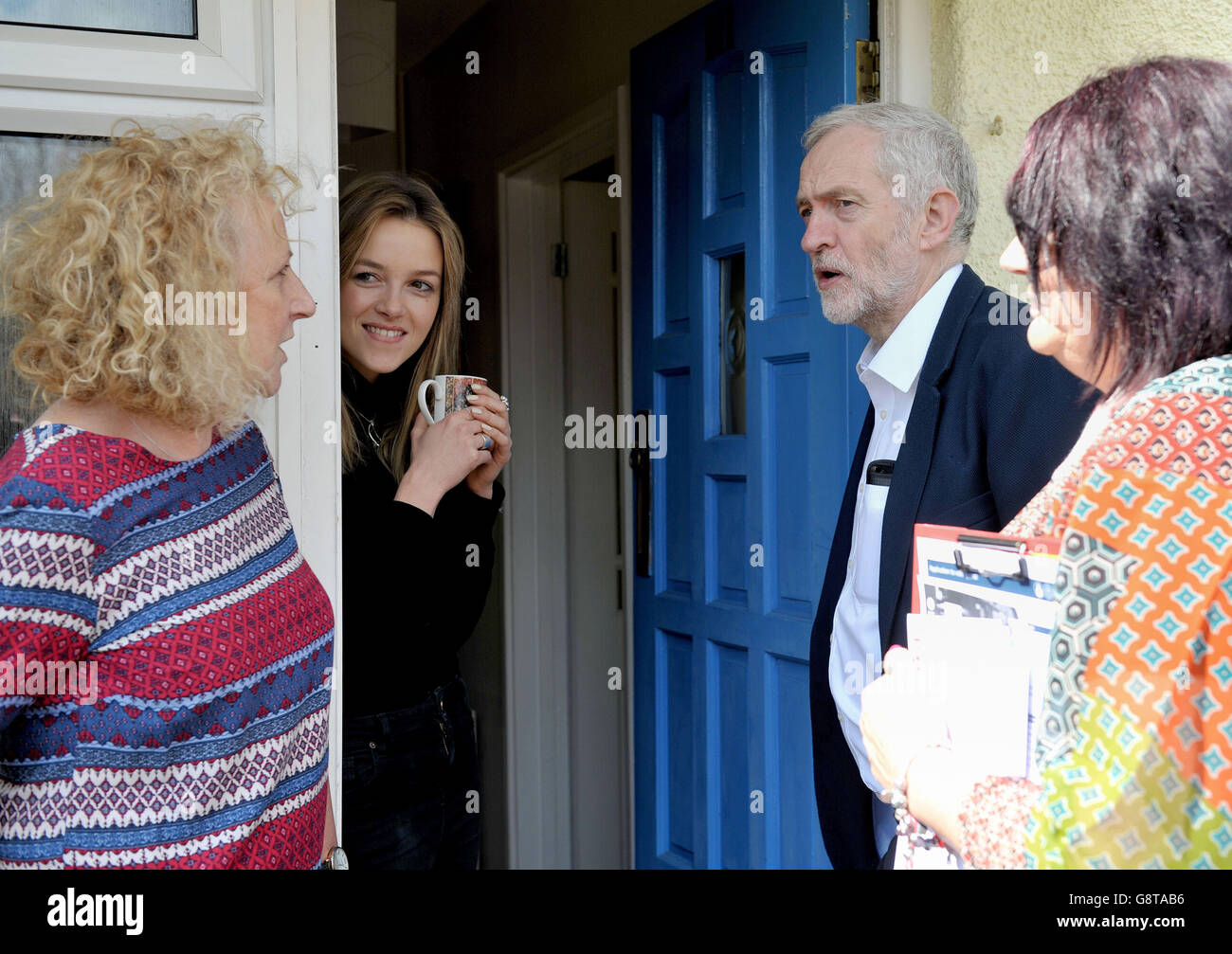 Jeremy Corbyn, leader of the Labour Party, speaks with local residents ...