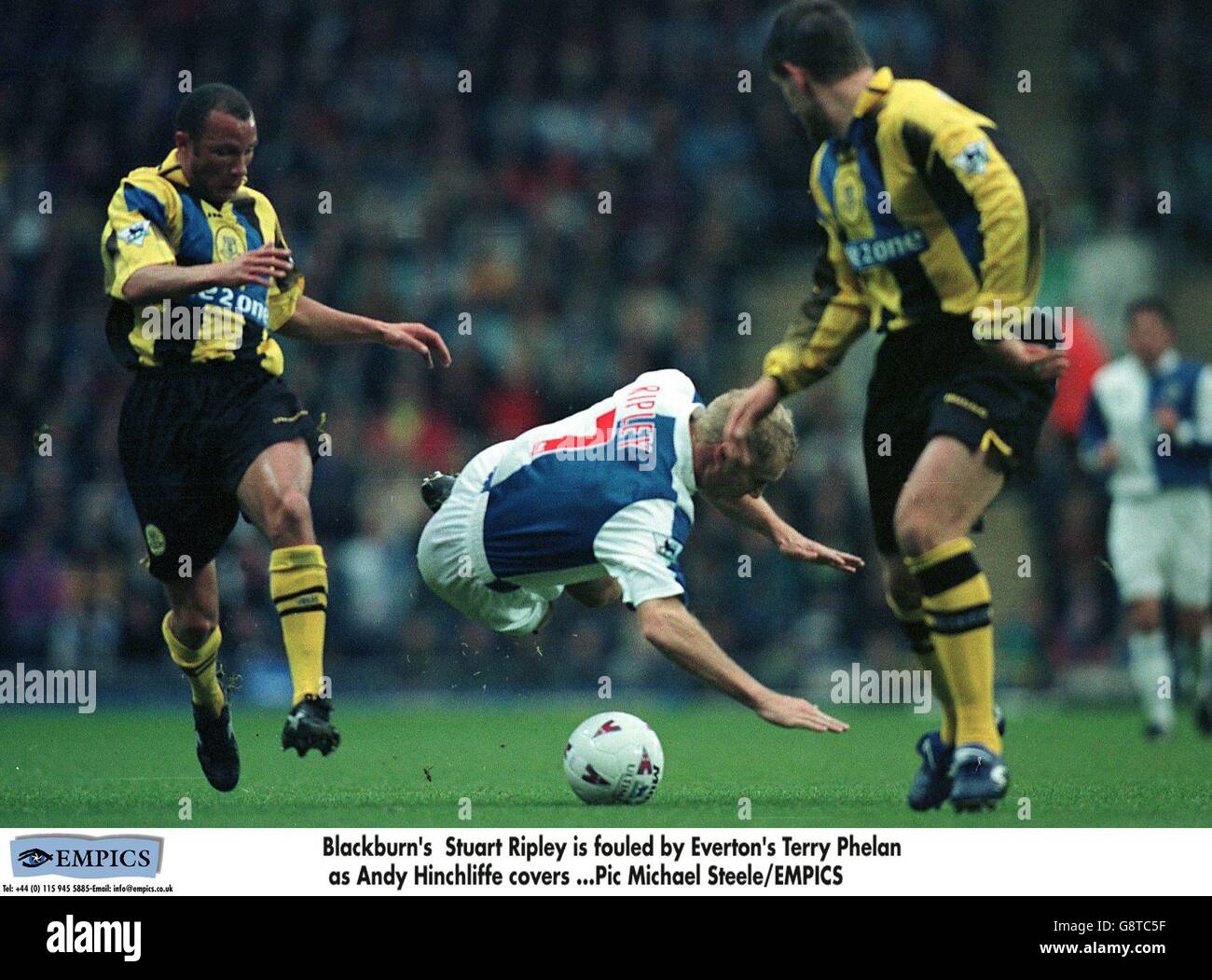 Blackburn Rovers' Stuart Ripley (centre) is fouled by Everton's Terry ...