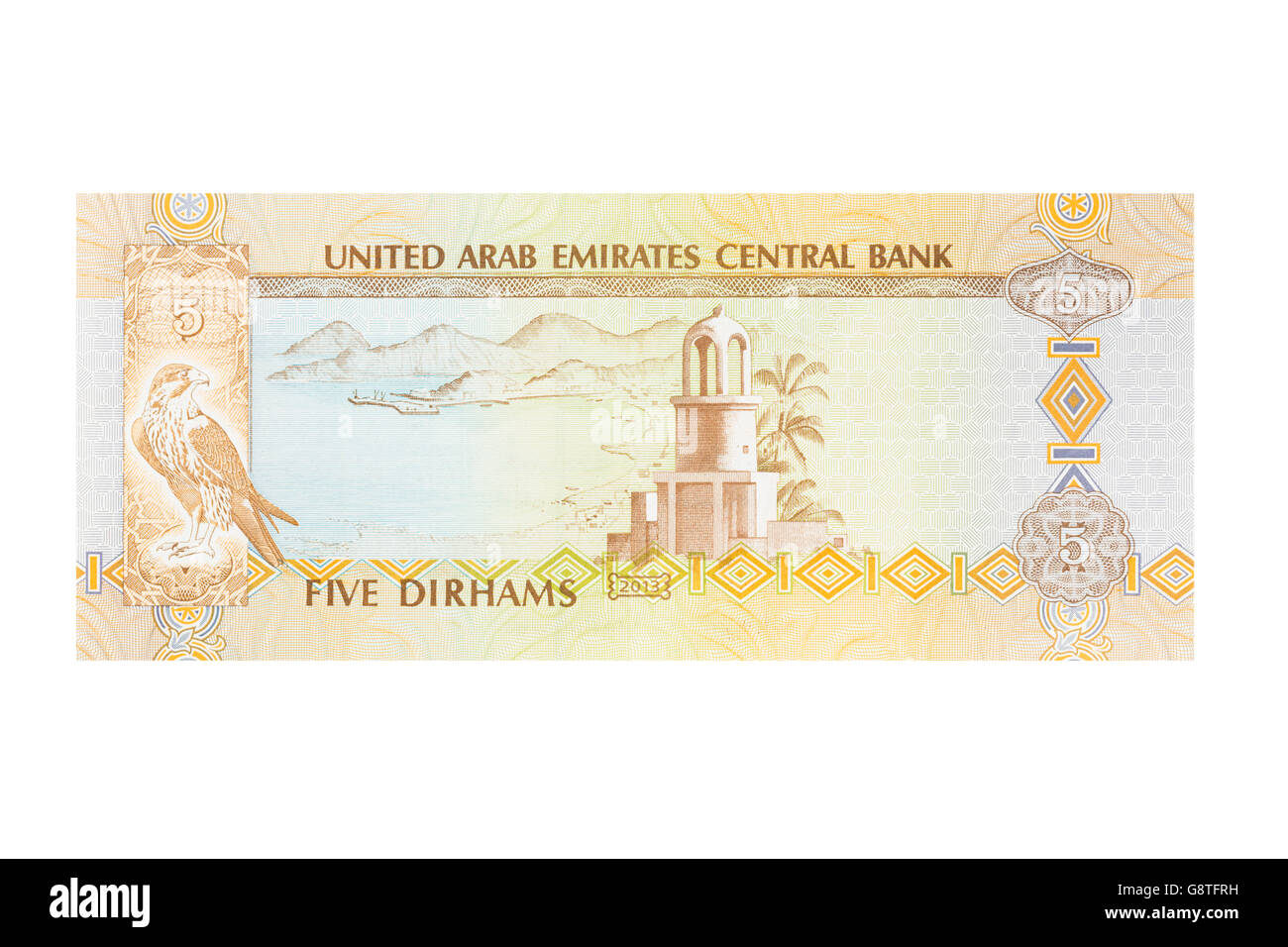 United Arab Emirates UAE five Dirham note on a white background Stock ...