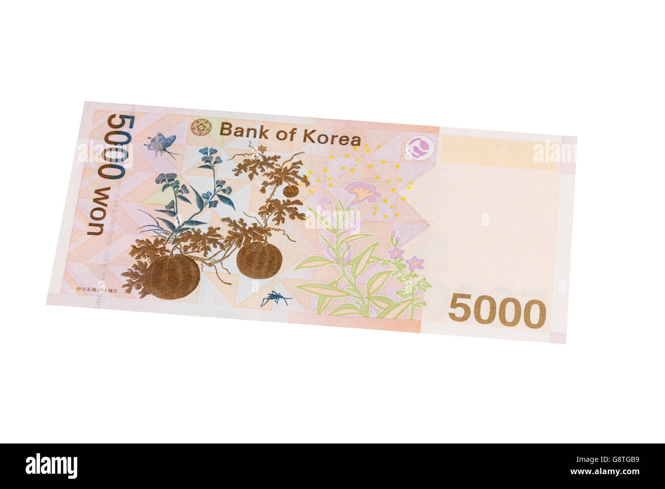 South korean five thousand Won banknote on a white background Stock ...