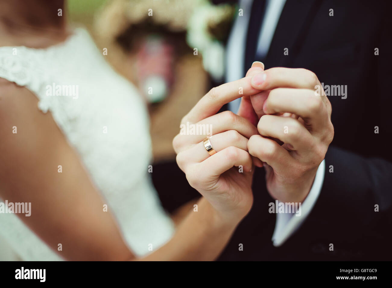 Closeup newly weds show their wedding rings while dancing Stock Photo ...
