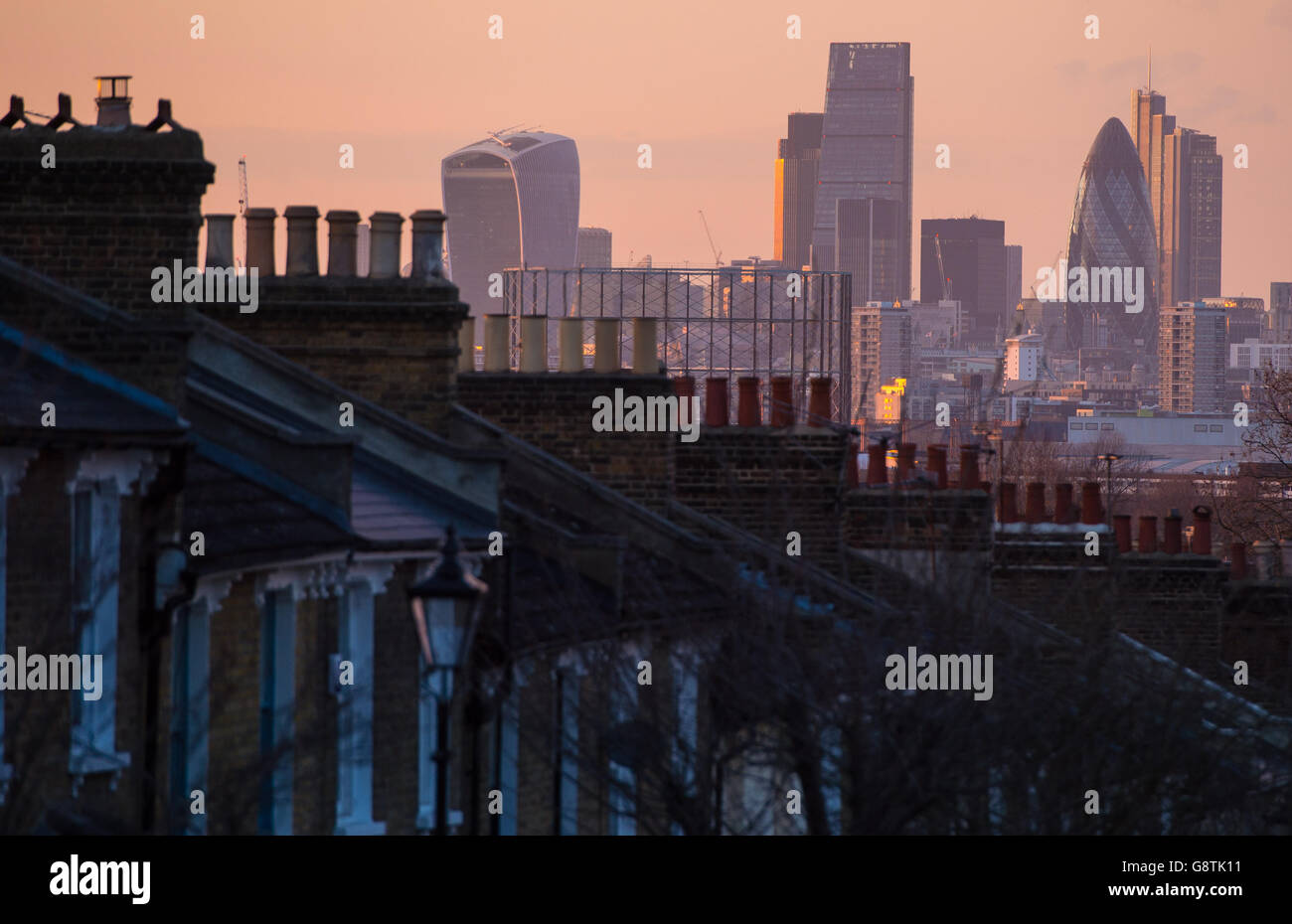 General view of houses in south London and the skyline of the City ...