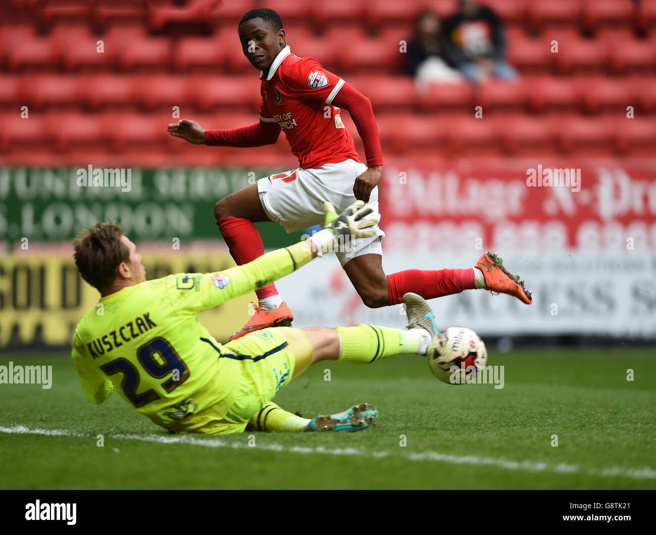 Charlton Athletic's Ademola Lookman sees his shot saved by Birmingham ...