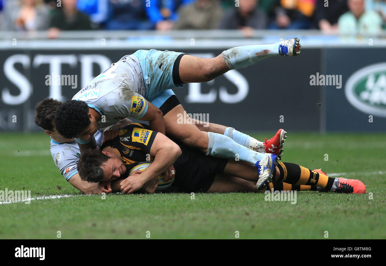 Wasps' Rob Miller (bottom) scores his side's second try of the game ...