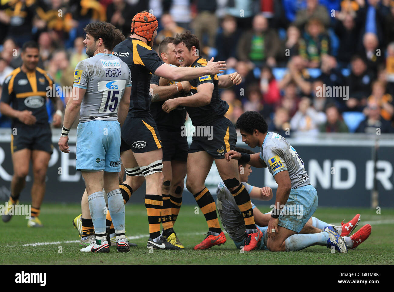 Wasps' Rob Miller (third right) celebrates after scoring his side's ...