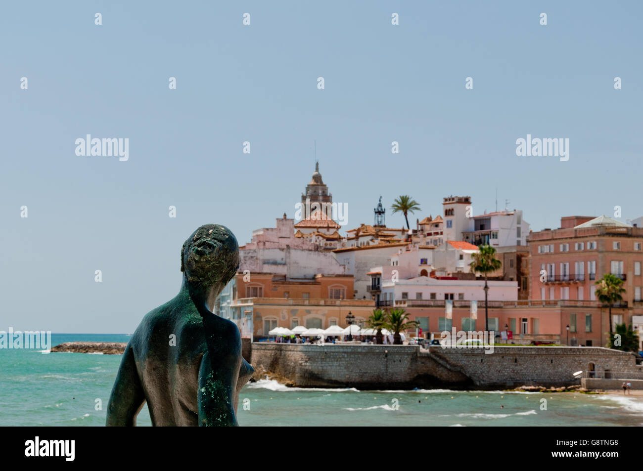 Sitges city view from the angle of the statue located ahead the city ...