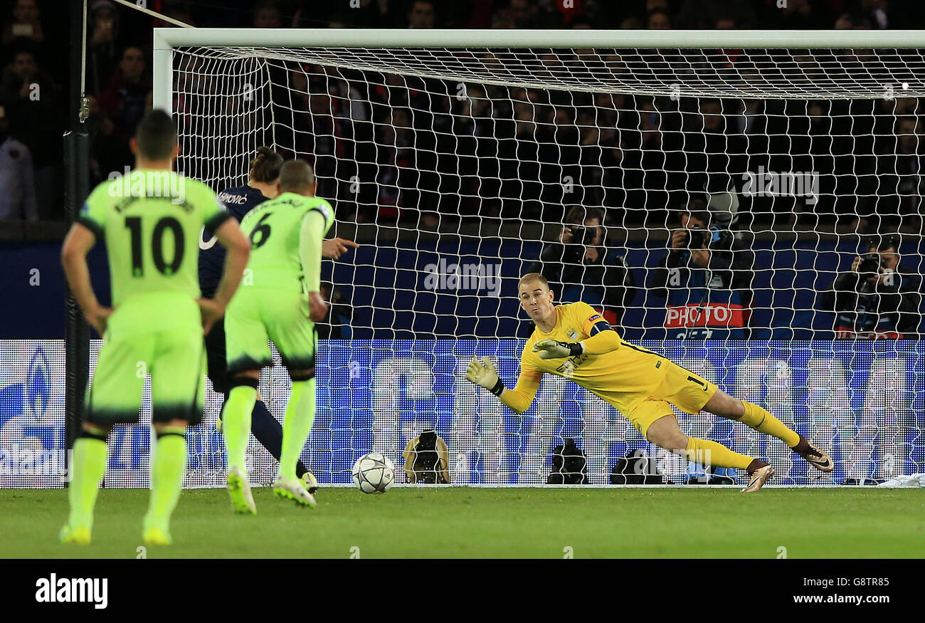 Manchester City goalkeeper Joe Hart saves a penalty from Paris Saint ...