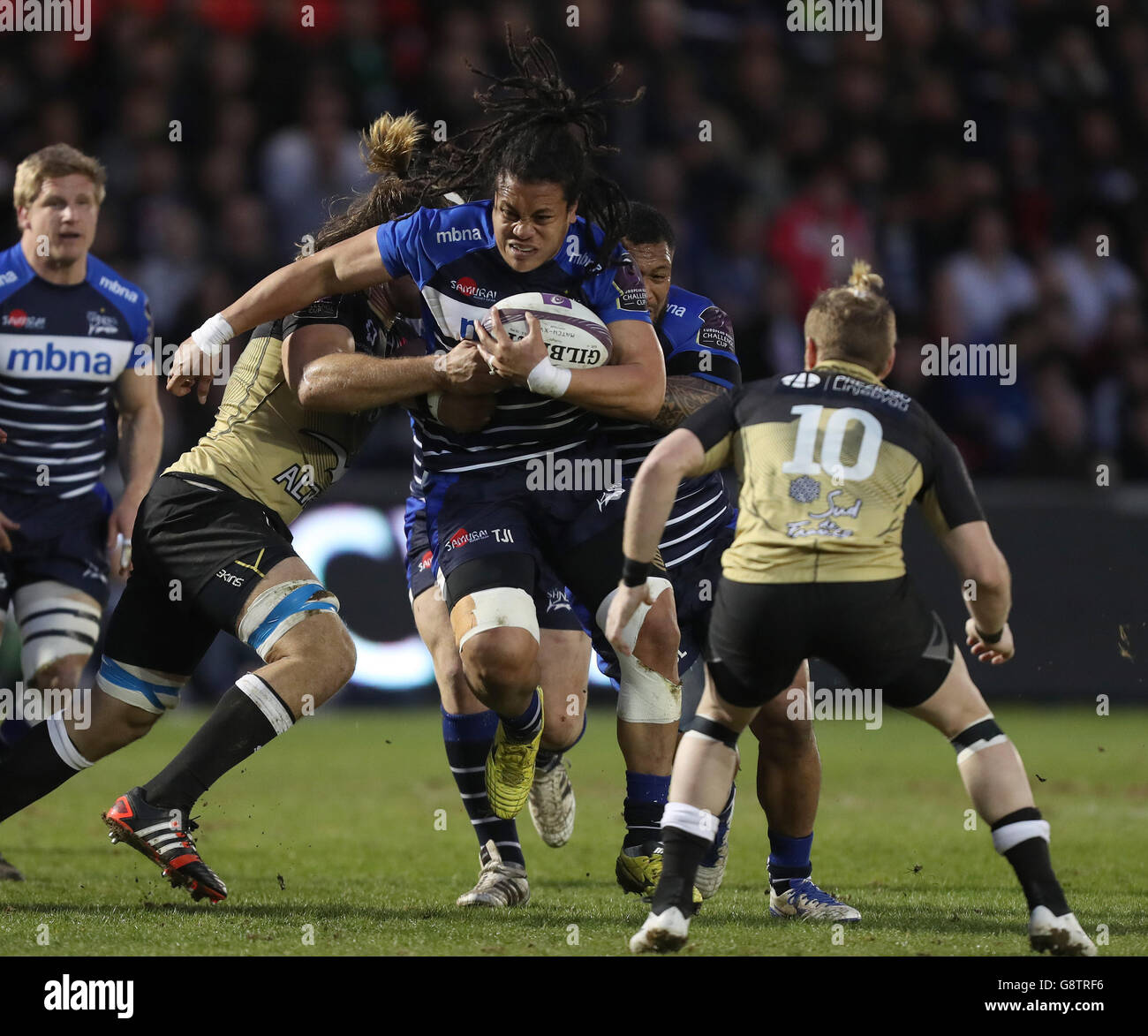 Sale Sharks' TJ Ioane breaks through the Montpellier defence during the ...