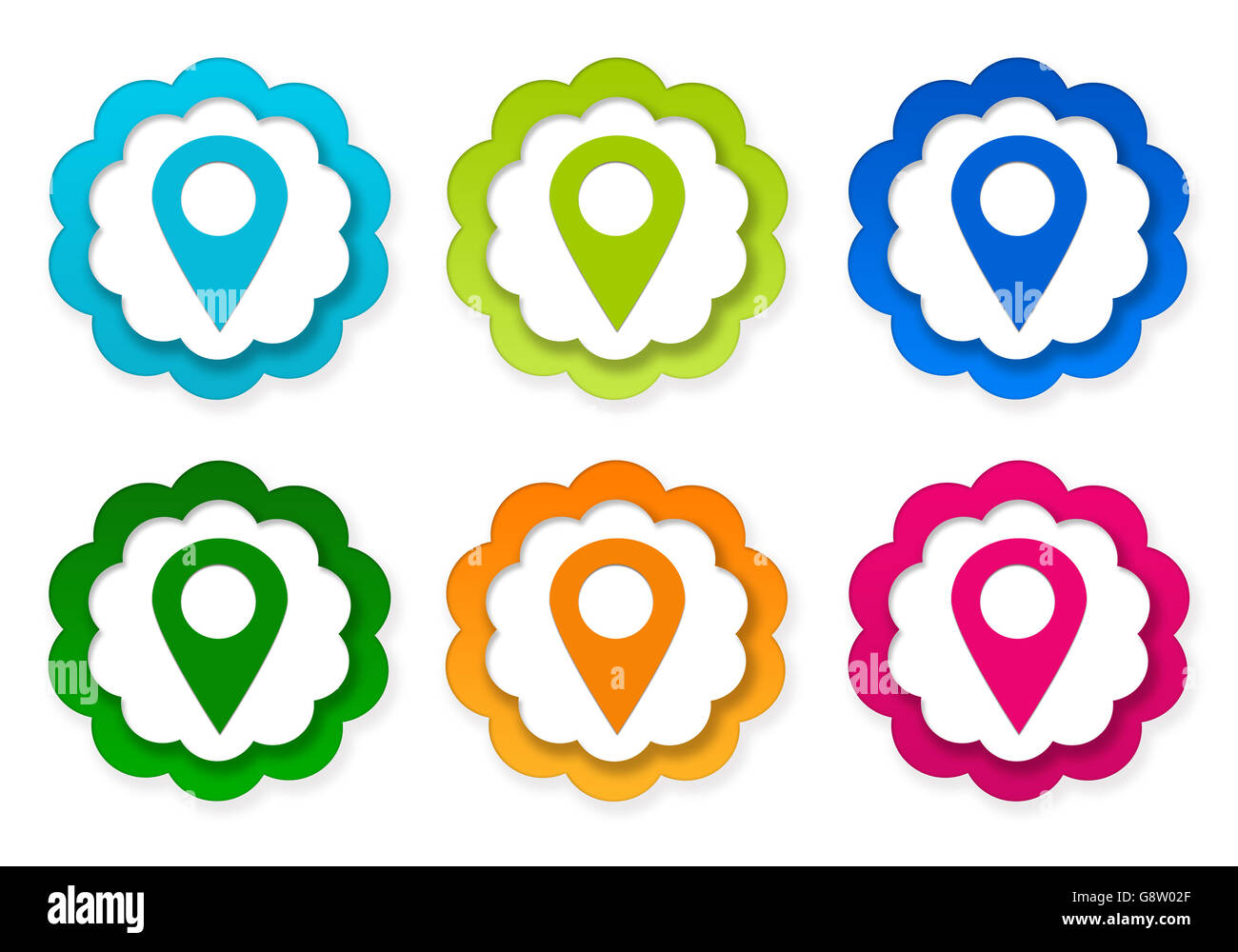 Set of colorful stickers icons with markers on maps in blue, green ...