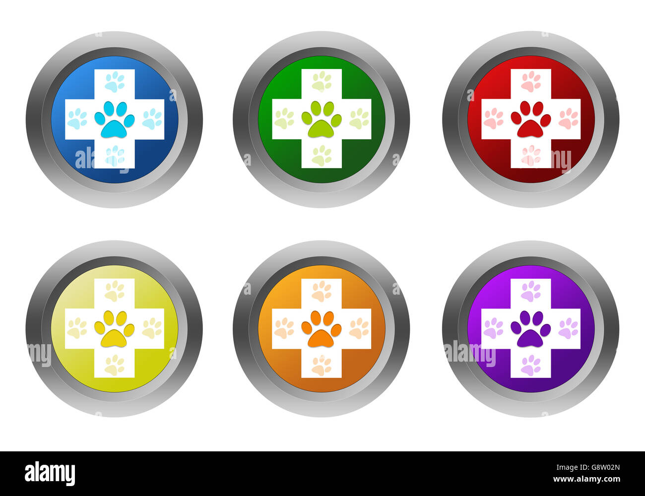 Set of rounded colorful buttons with veterinary symbol in blue, green ...