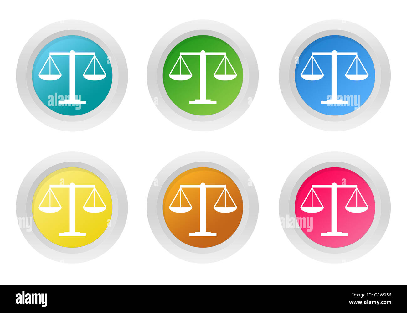 Set of rounded colorful icons with legal symbol in blue, green, yellow ...