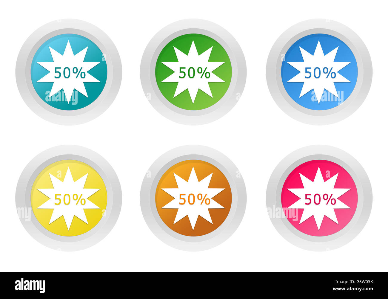 Set of colorful rounded buttons with discount symbol in blue, green ...