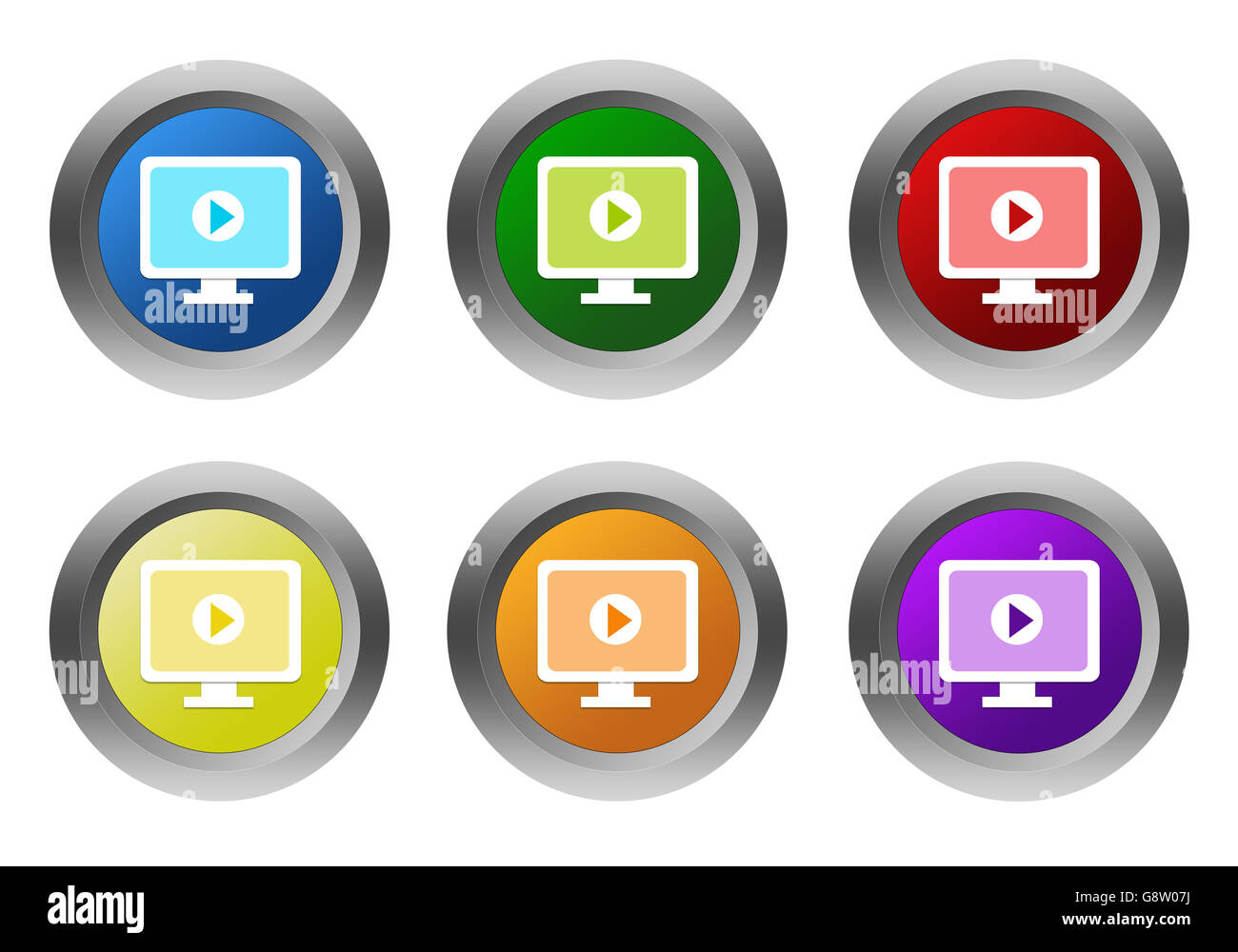 Set of rounded colorful icons with screen symbol in blue, green, yellow ...