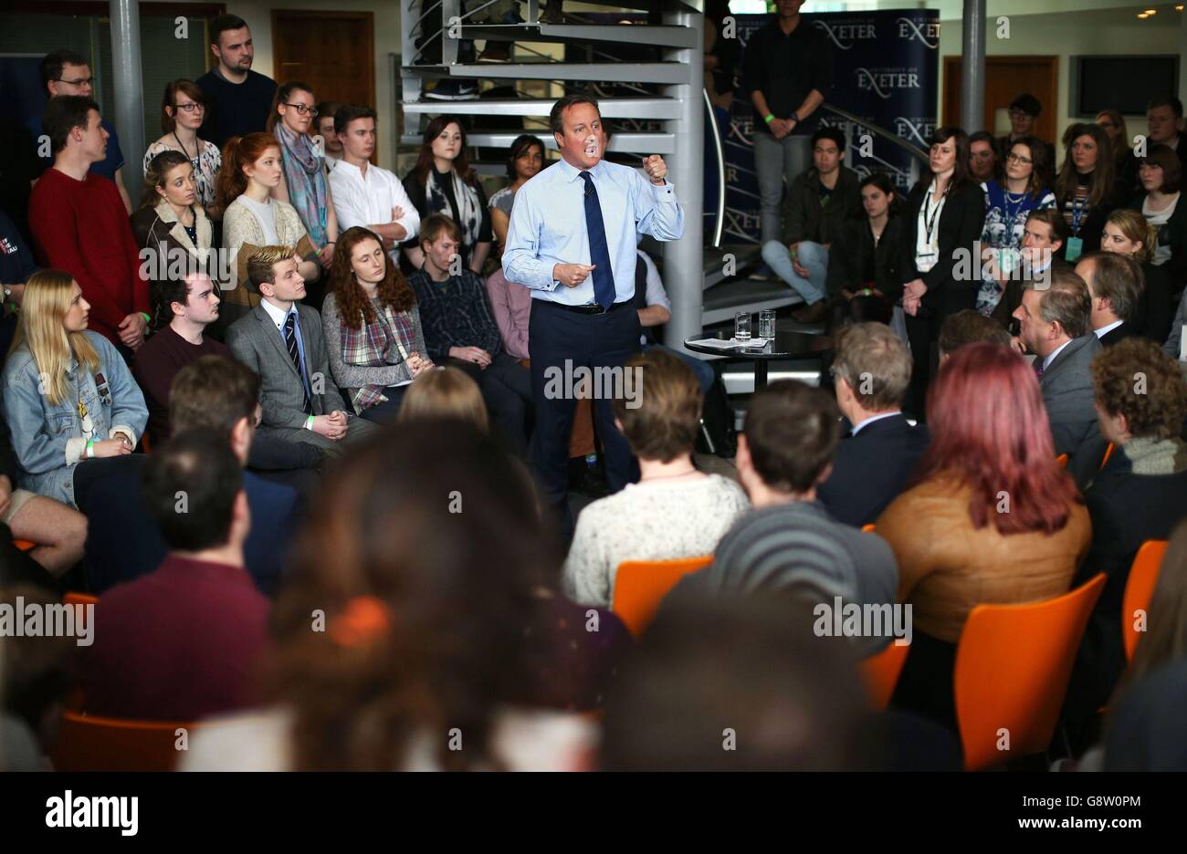 Prime Minister David Cameron addresses students at Exeter University in ...