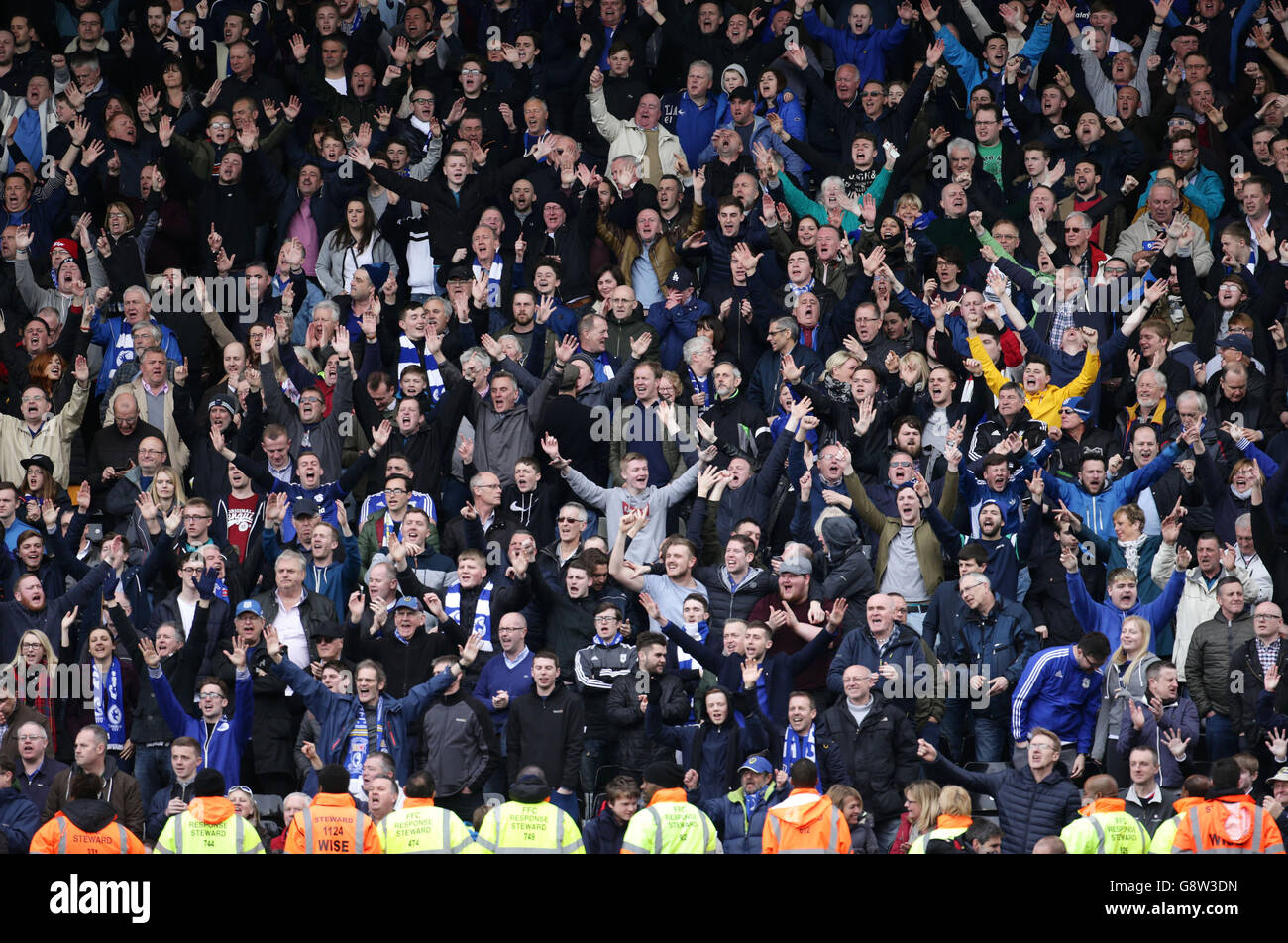 Cardiff City fans celebrate their team scoring a goal during their Sky ...