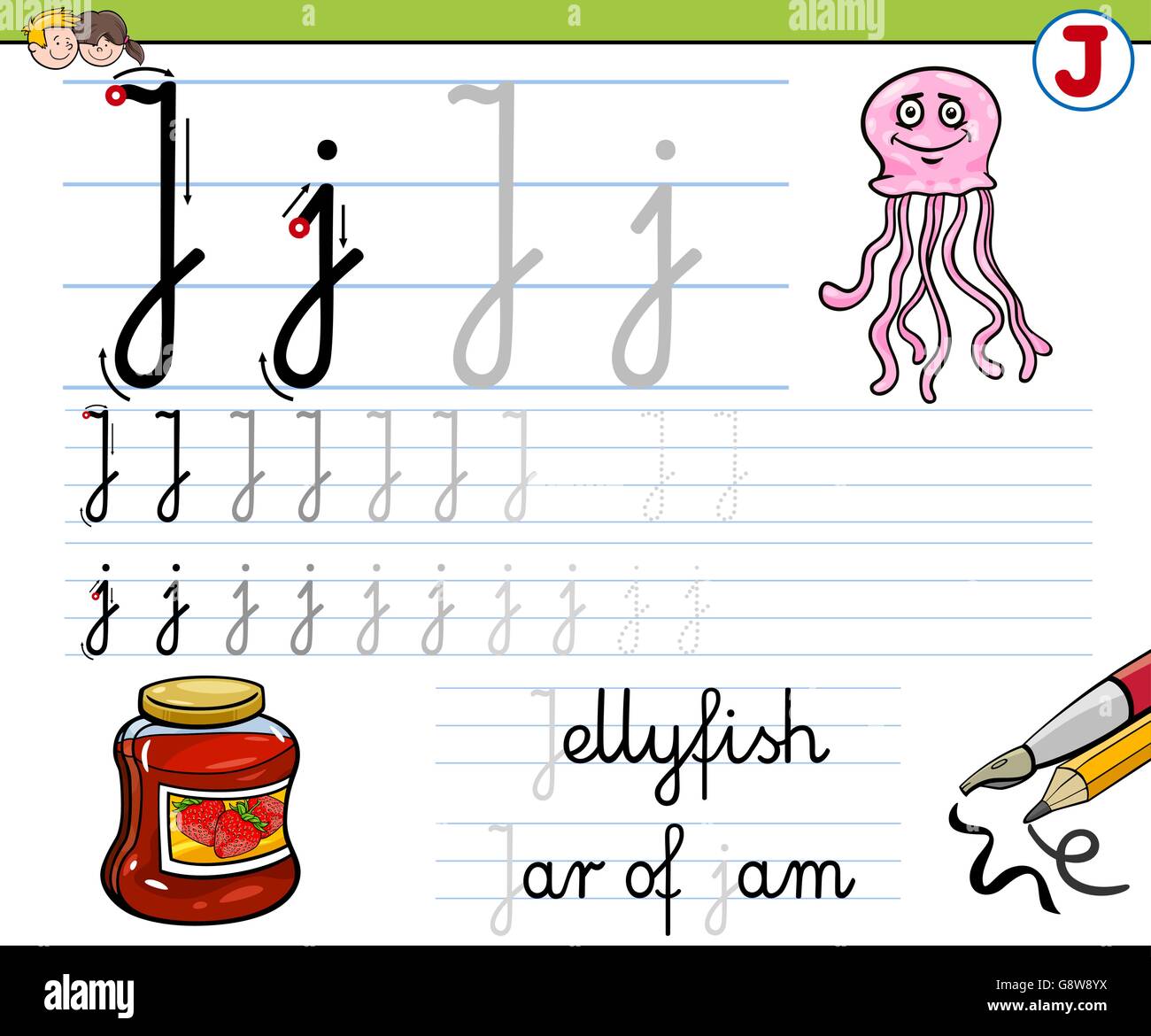 Cartoon Illustration of Writing Skills Practice with Letter J Worksheet ...