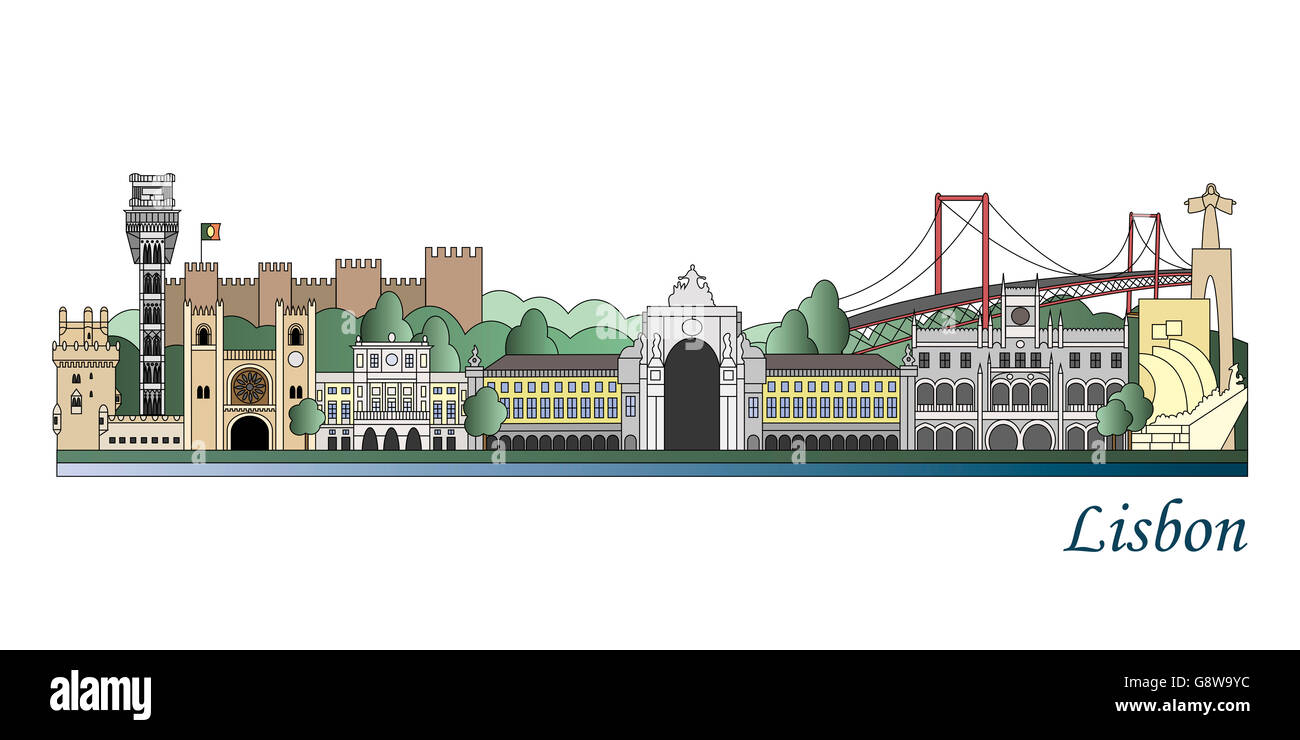 Lisbon skyline colored in editable vector file Stock Photo - Alamy
