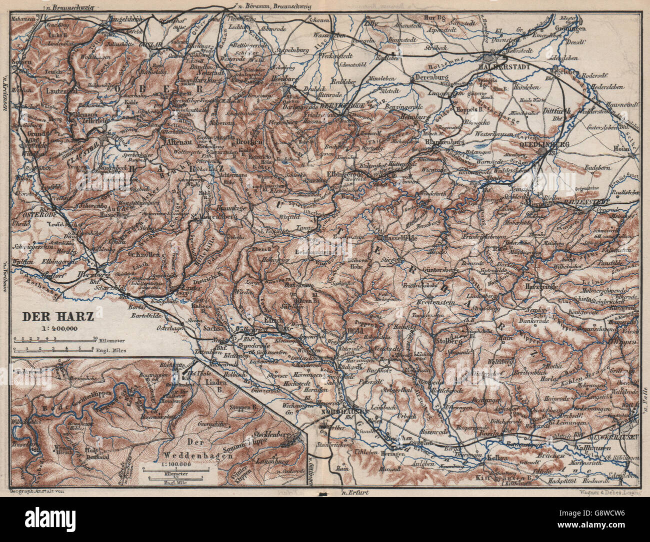 HARZ MOUNTAINS topo-map. Inset Bodetal. Halberstadt Nordhausen karte ...