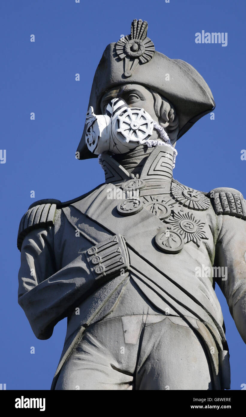 A mask on the statue of Lord Nelson in London's Trafalgar Square after ...