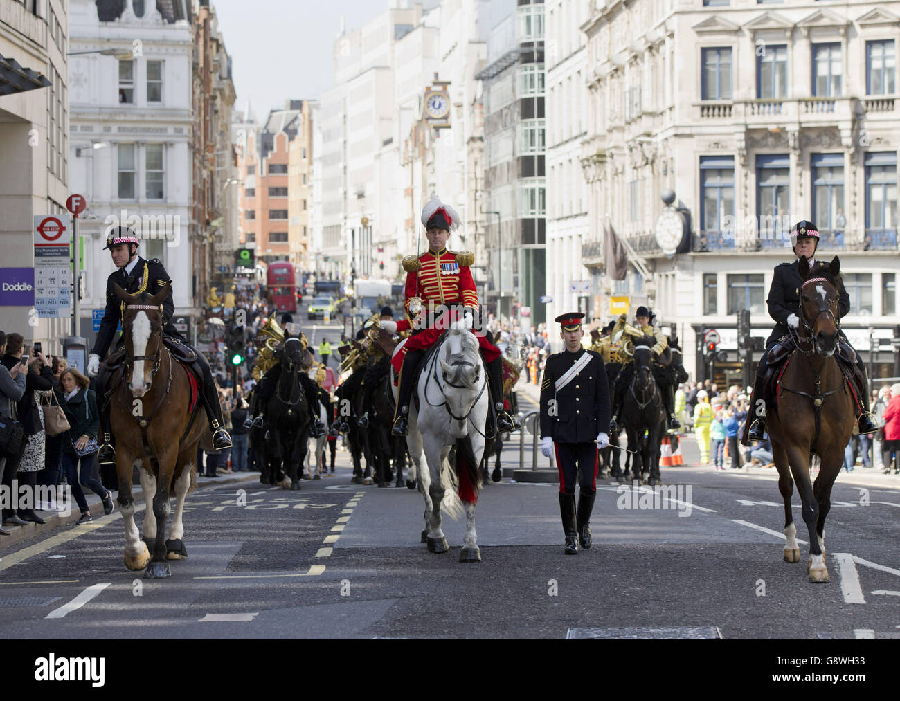 The Household Cavalry ride along Ludgate Hill, London, as they exercise ...