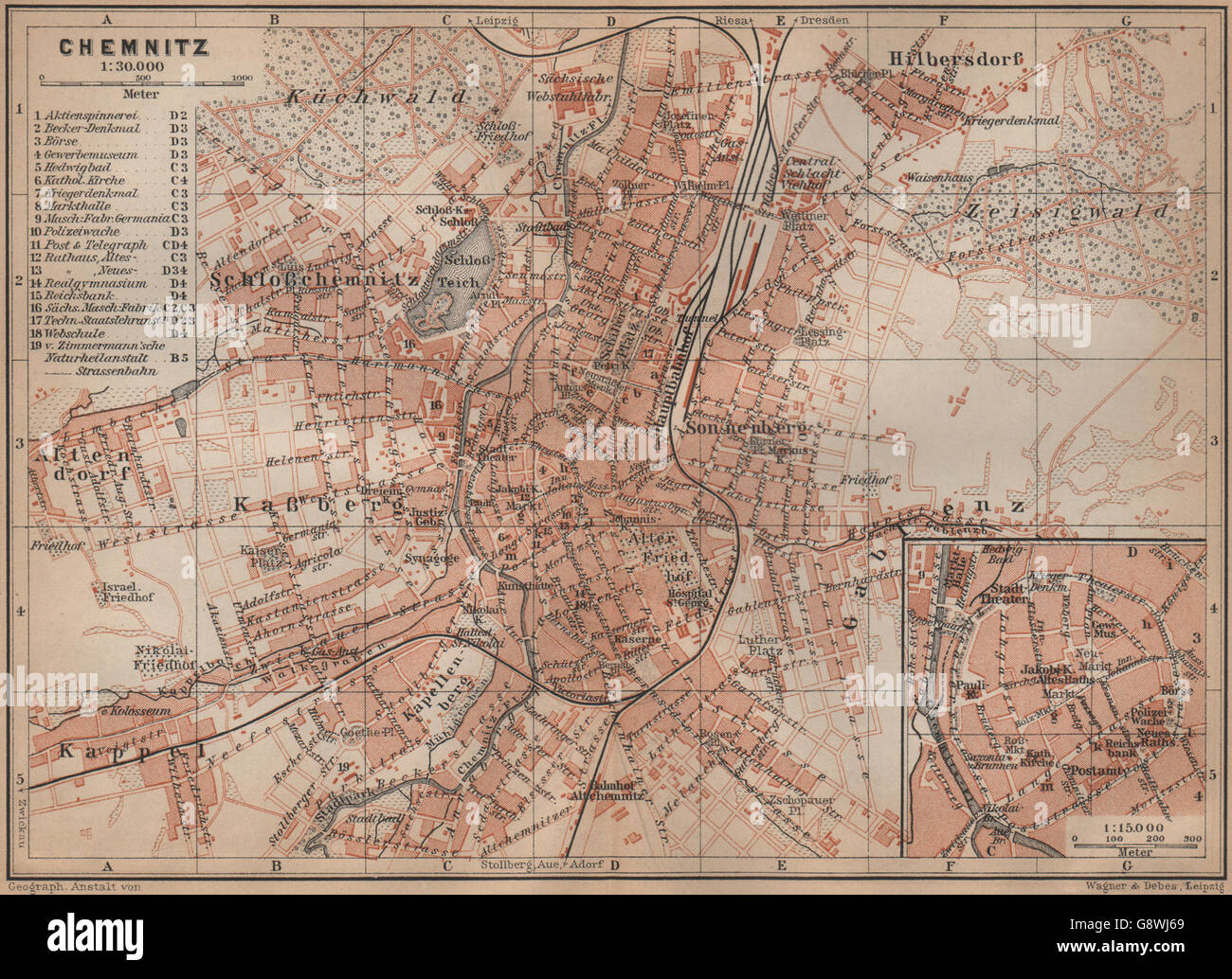 CHEMNITZ antique town city stadtplan. Saxony karte. BAEDEKER, 1900 ...