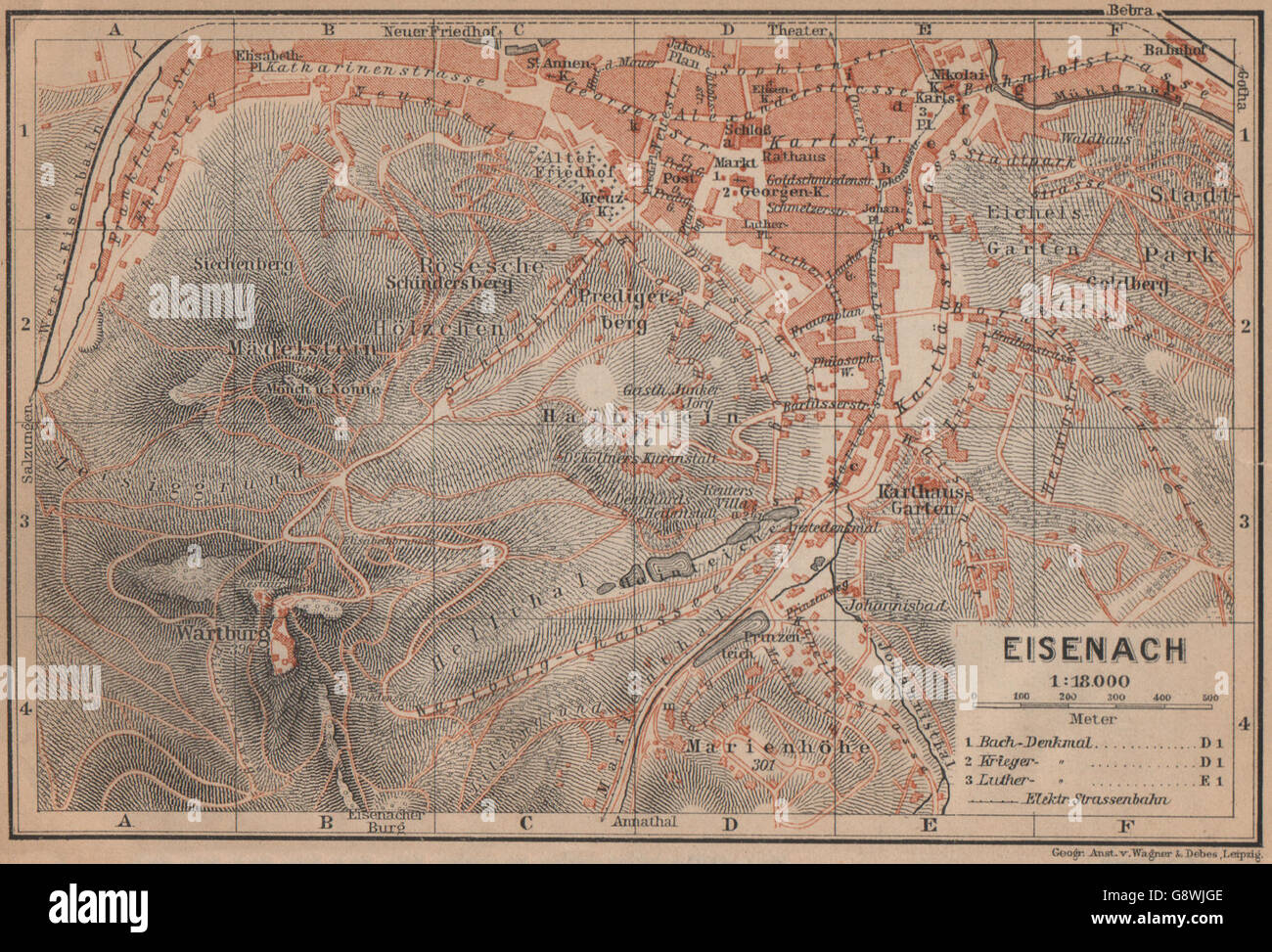 EISENACH antique town city stadtplan. Thuringia. Wartburg karte, 1900 ...