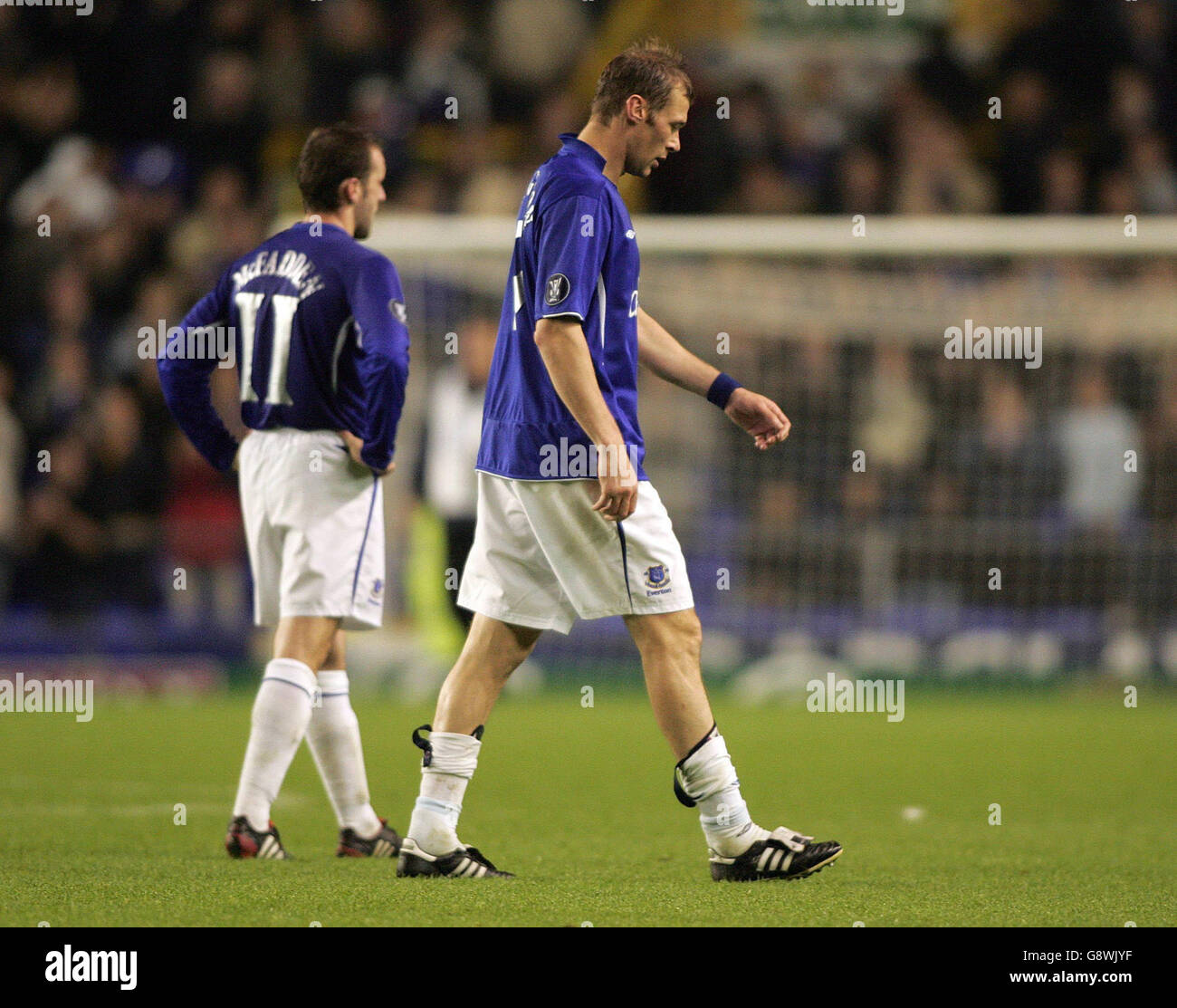 Everton's Duncan Ferguson (R) shows his dejection after the UEFA Cup ...