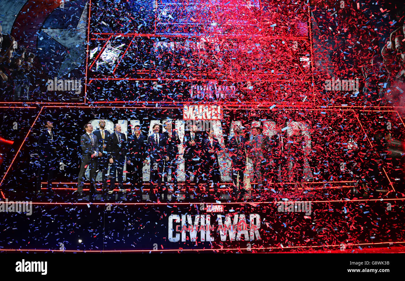 The cast on stage attending the captain america hi-res stock ...