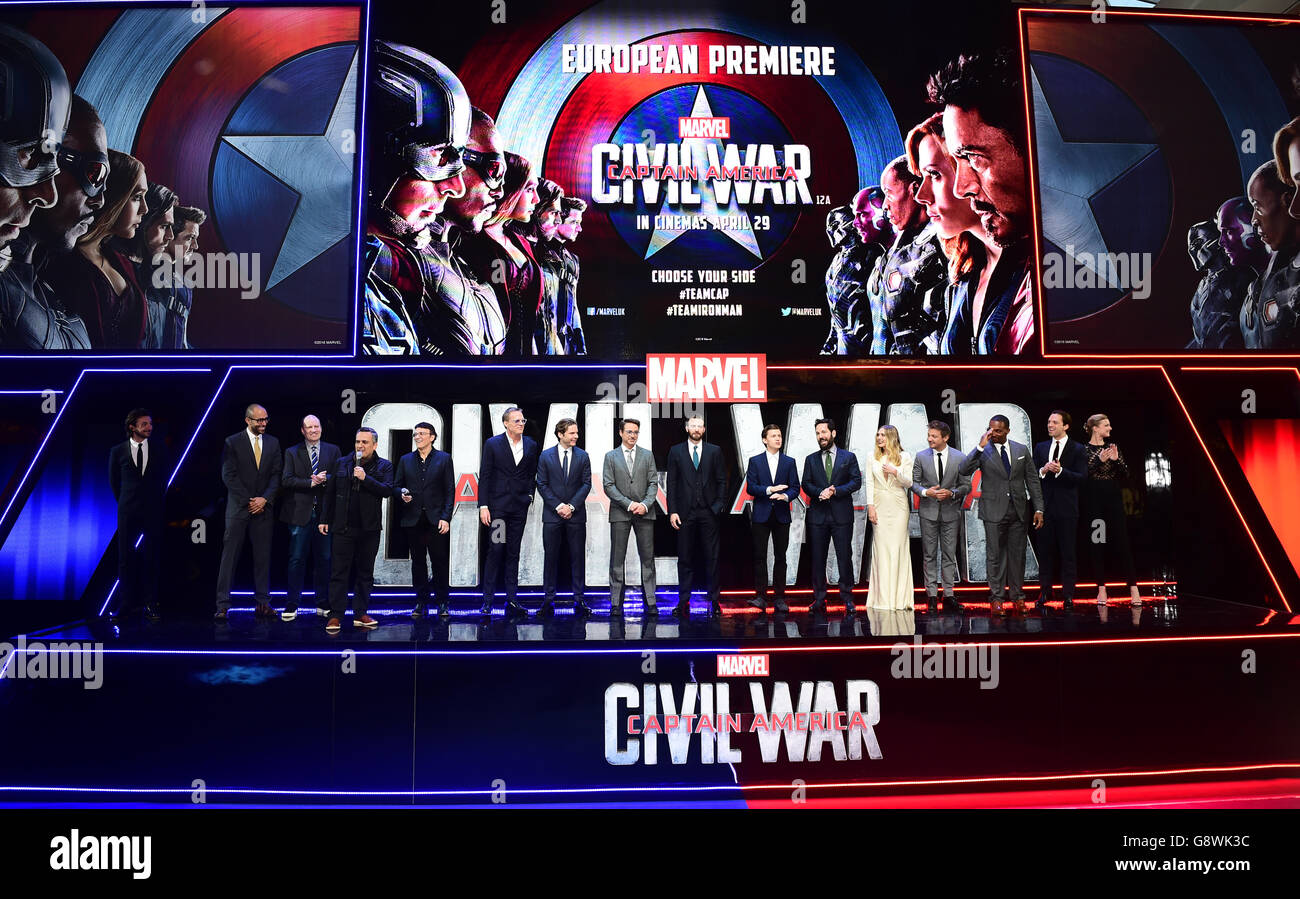 The cast on stage attending the Captain America: Civil War European ...