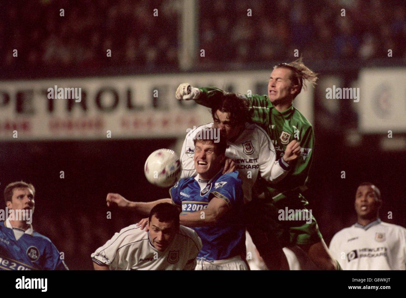 Group action half front view blue white green football hi-res stock ...