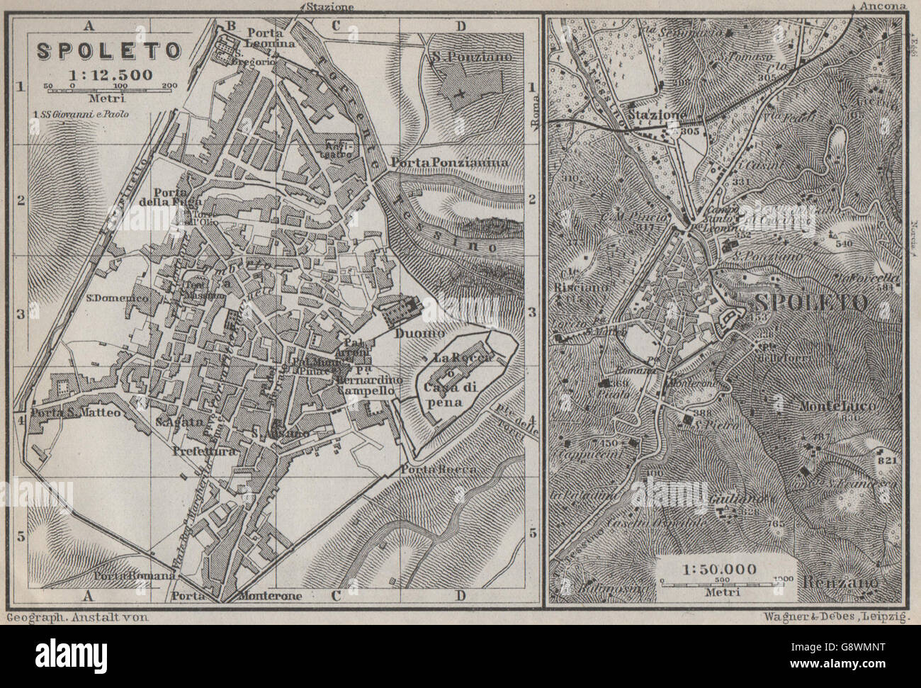 SPOLETO town city plan piano urbanistico & environs. Italy mappa, 1909 ...